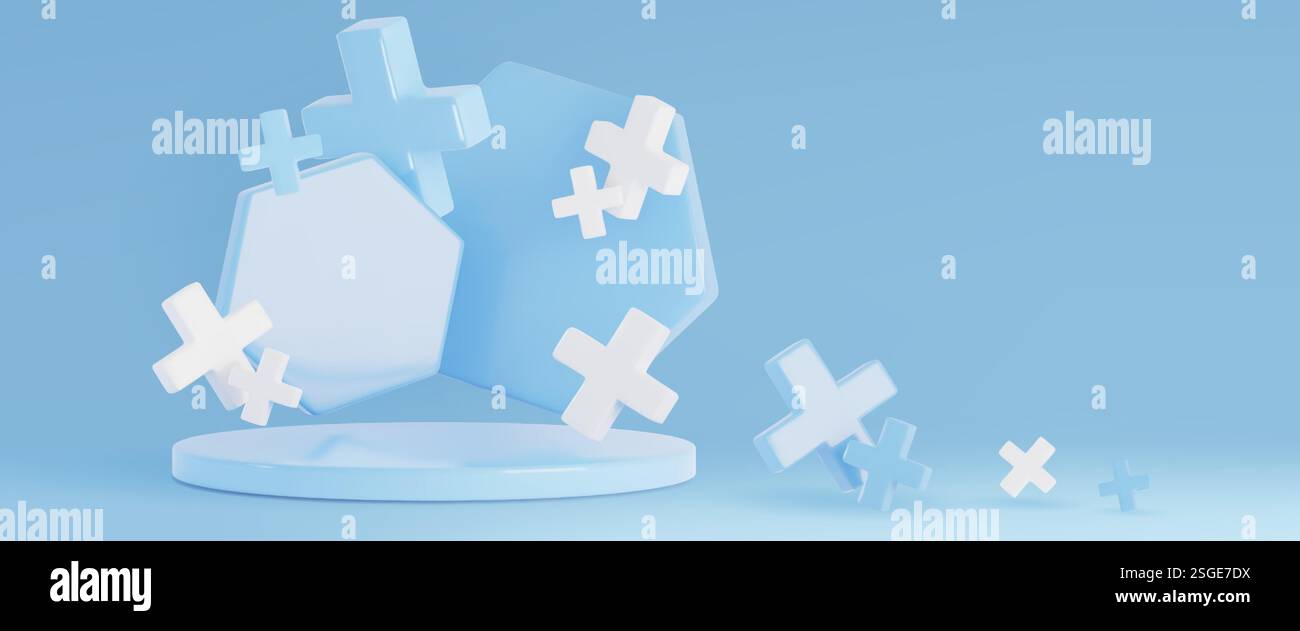 3D podium with floating medical crosses and hexagons on light blue ...