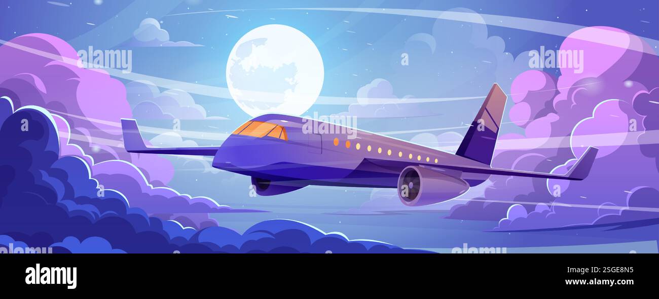 Airplane flying through night sky with full moon - passenger aircraft ...