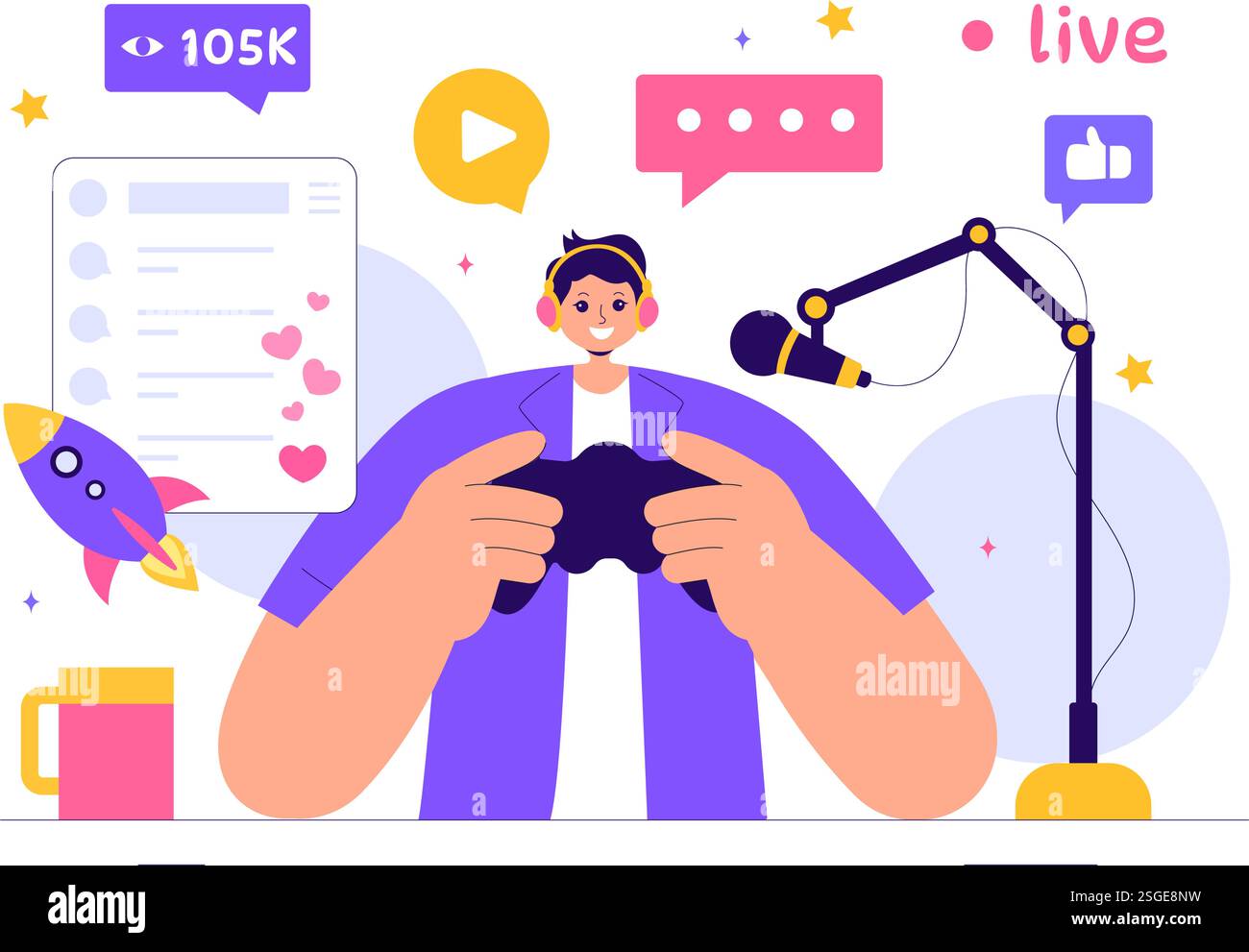 Video Game Streaming Vector Illustration featuring a Professional Cute ...