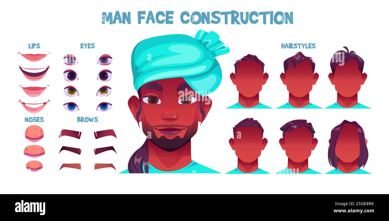 Man face construction set of cartoon dark skinned character wearing ...