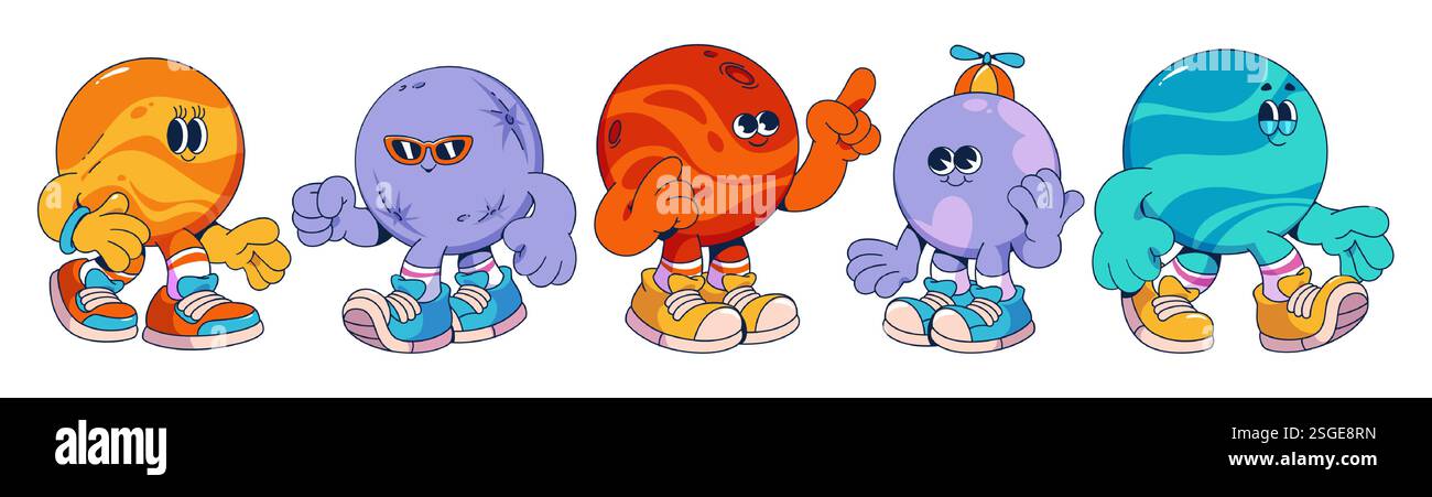 Groovy planet characters set isolated on white background. Contemporary ...