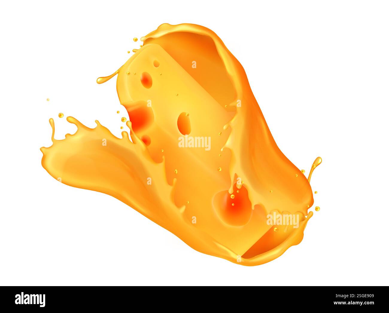Cheese block with melted liquid splash in dynamic motion with orange ...