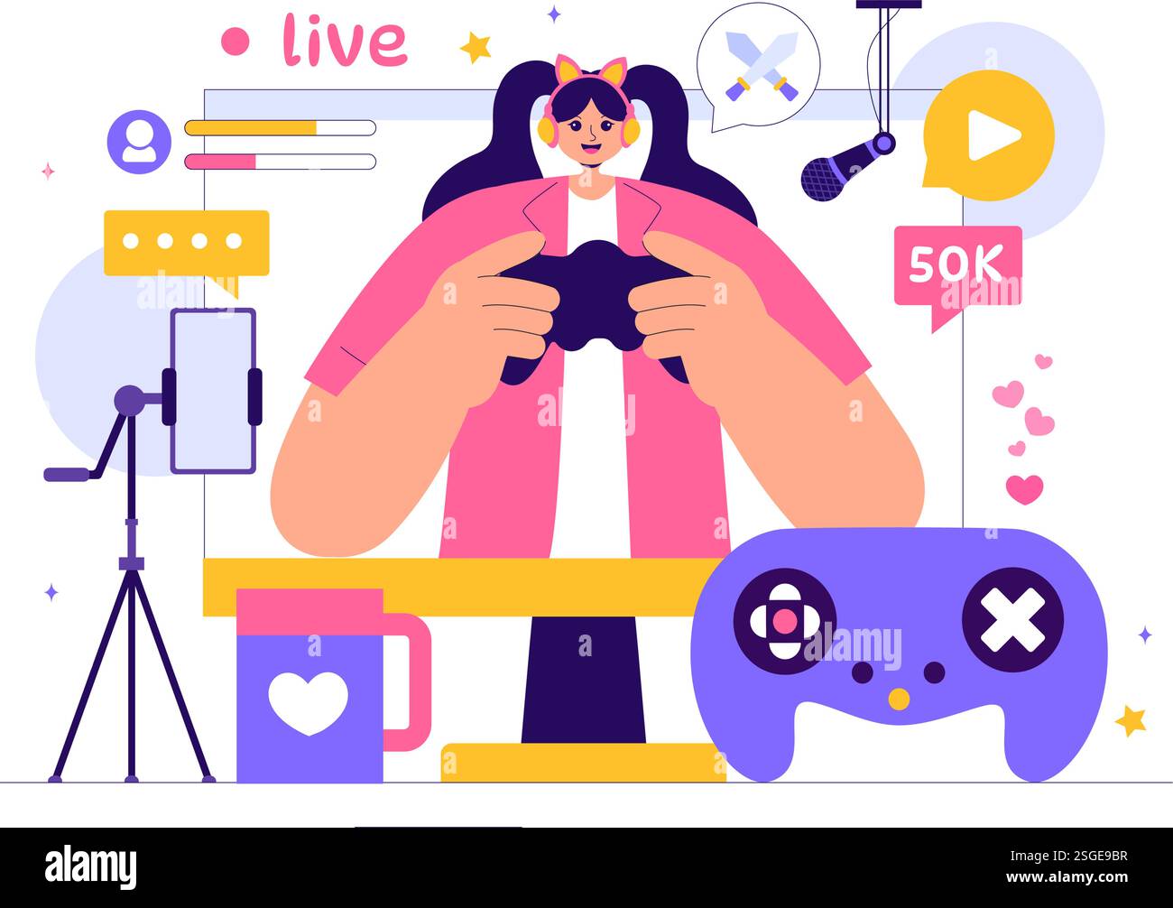 Video Game Streaming Vector Illustration featuring a Professional Cute ...