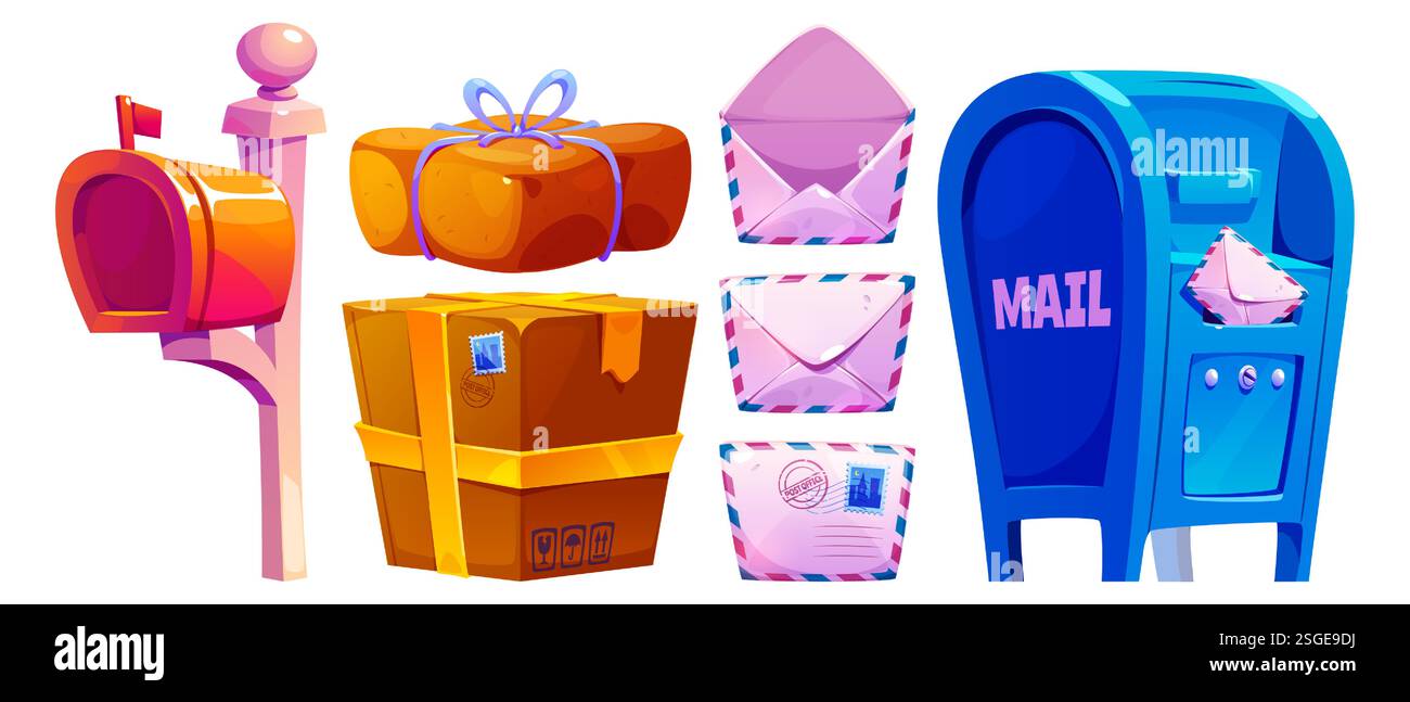 Mail and mailboxes set isolated on white background. Vector cartoon ...