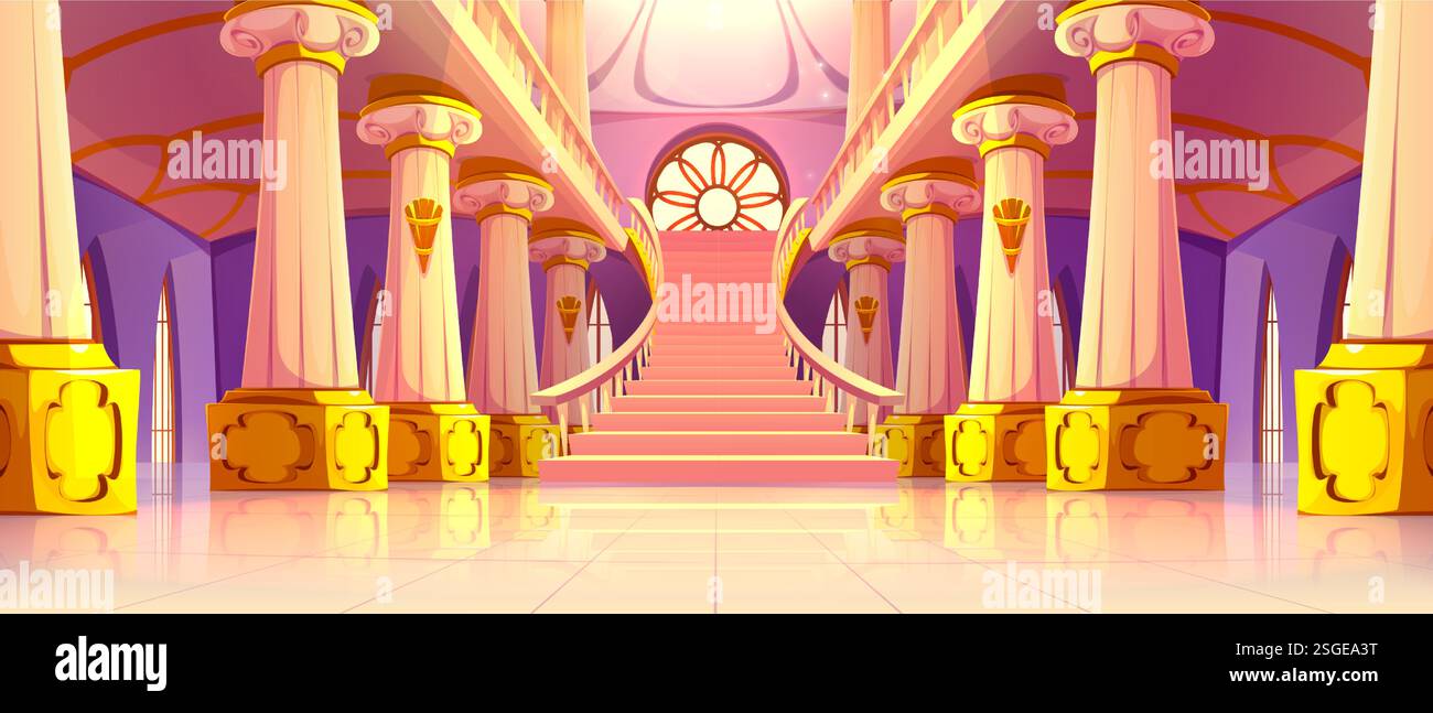 Cartoon ballroom interior with pink staircase and marble columns in ...