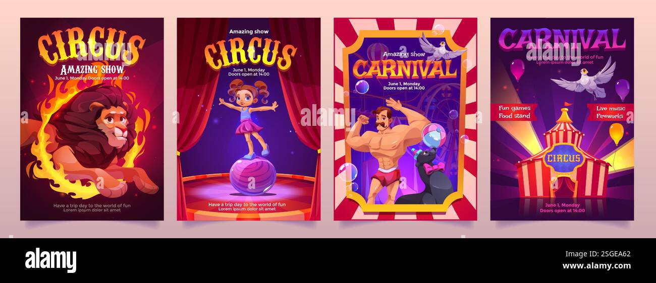Circus cartoon character posters - promotional designs with fire ...