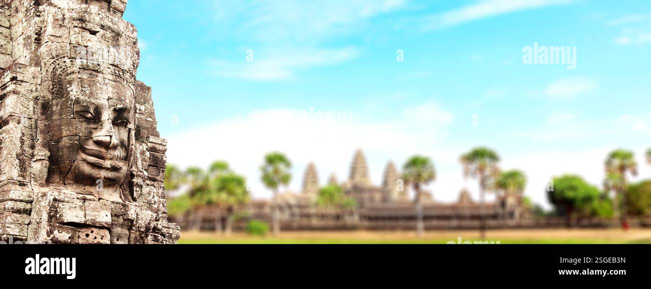 Horizontal banner with stone face in Prasat Bayon Temple. Famous ...