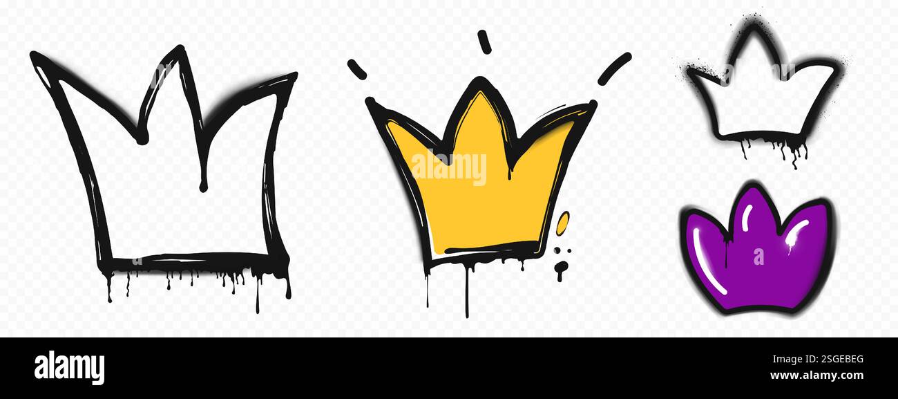 Graffiti crown set in various styles - black outline with drips, yellow ...
