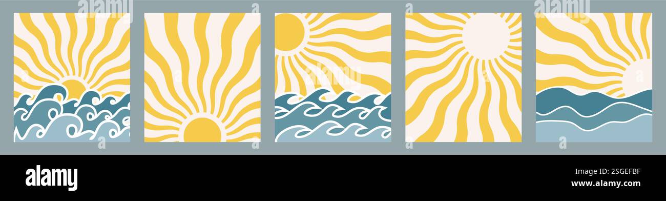 Sun abstract clipart set. Yellow sunrays, sunset and sunrise in ocean ...