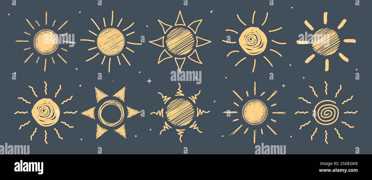 Sun drawing icon clipart set. Sun hand drawn, sketch, doodle and ...