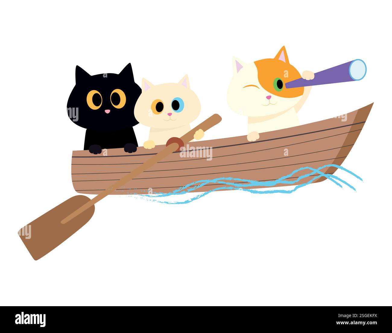 Three cute cartoon kittens are sailing in a boat. Vector illustration ...