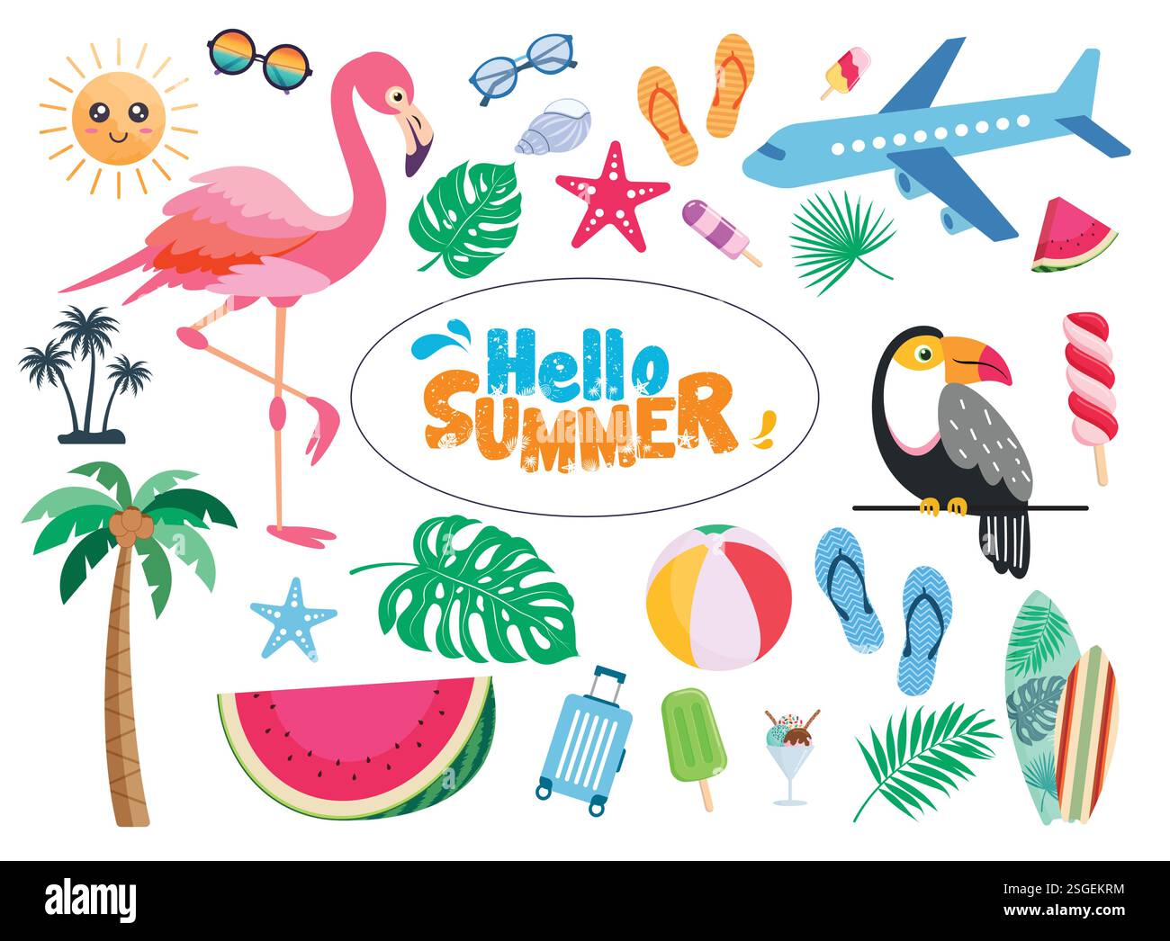 Hello summer elements icon clipart set. Summer tropical element clip ...