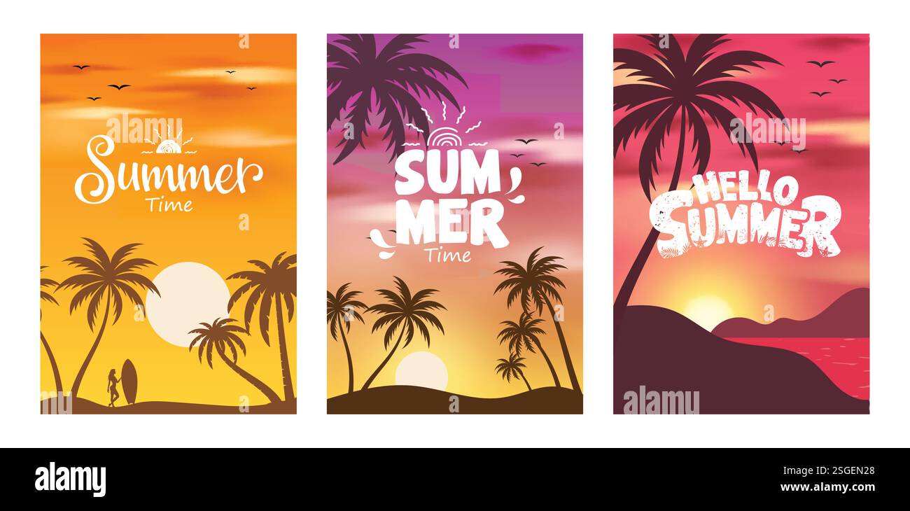 Summer time background clipart poster set. Hello summer text in sunrise ...