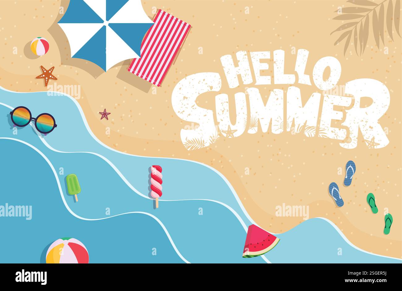 Hello summer border clipart poster design. Summer greeting text in curve paper waves cut style ...