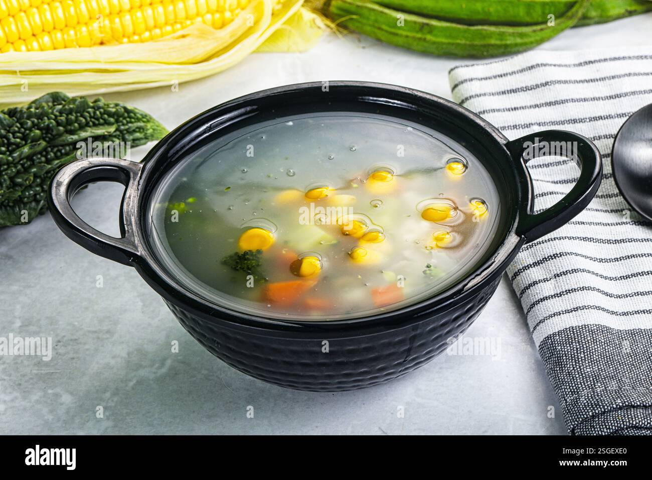 Vegan Soup with corn and broccoli Stock Photo - Alamy