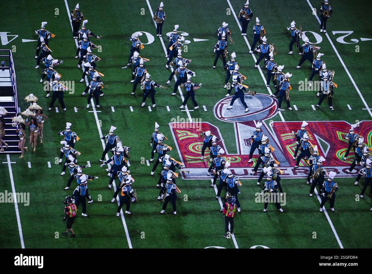 New Orleans, USA. 09th Feb, 2025. Marching bands perform on the field ...