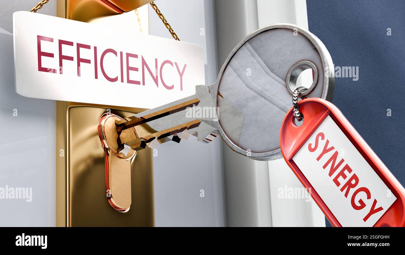 Synergy leads to Efficiency - it's a key to unlock efficiency. A door key metaphor showing how ...