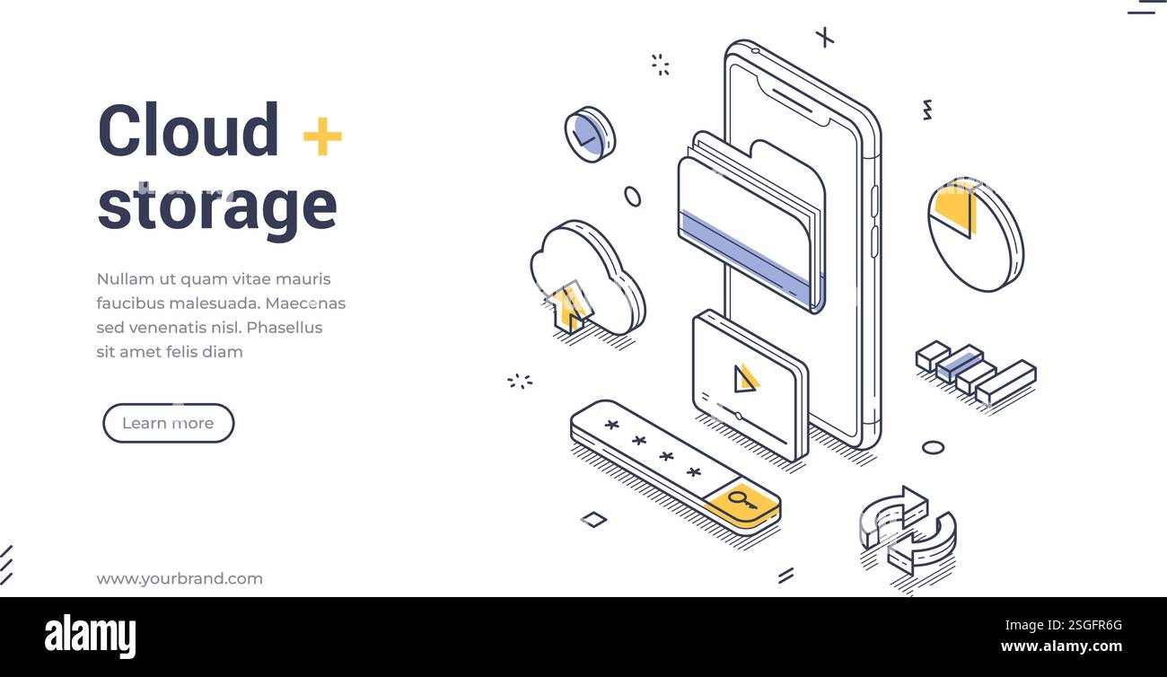 Mobile device surrounded by cloud storage icons, charts, and graphics, representing digital data ...