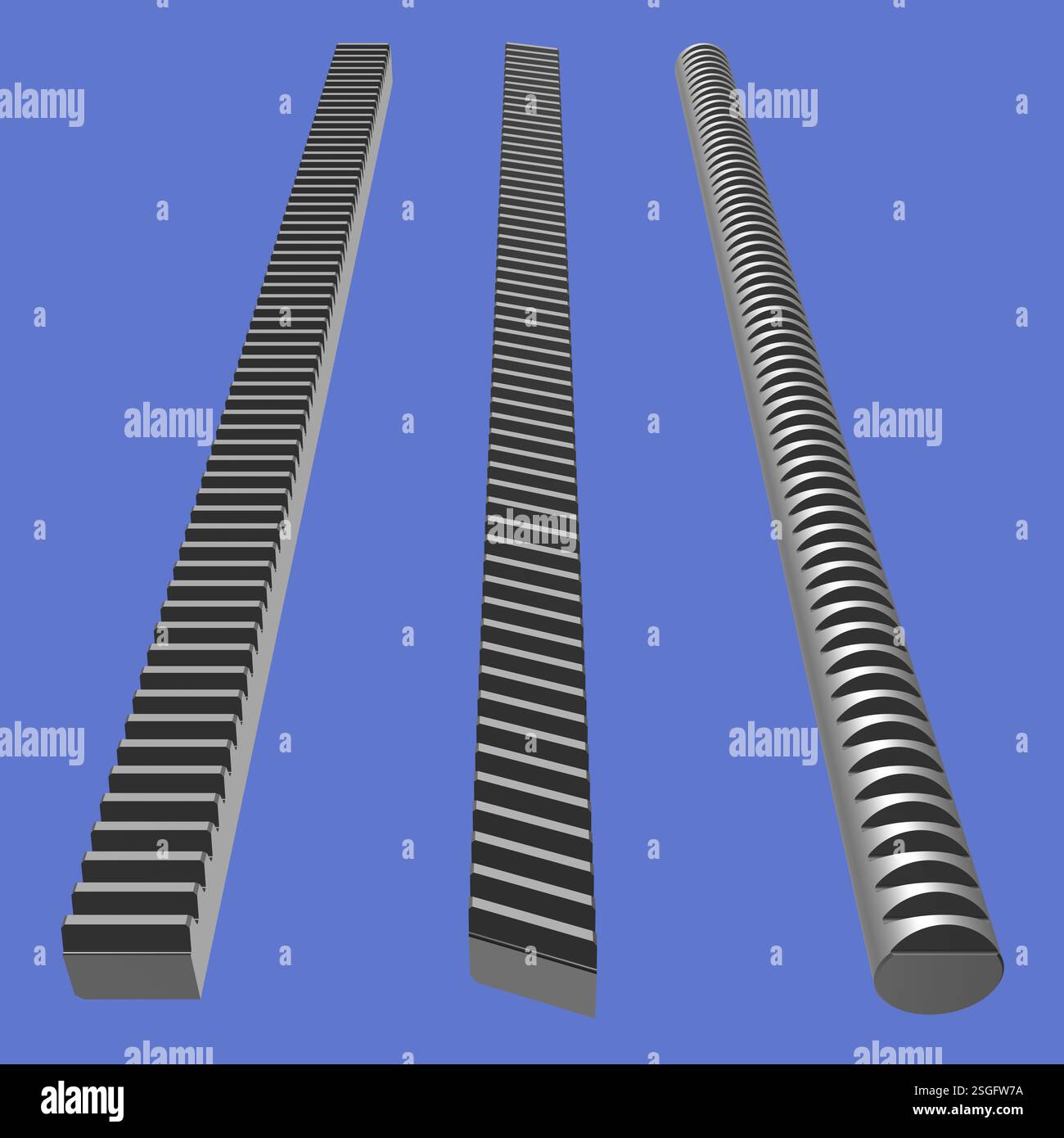 Spur rack. Helical rack. Round rack. Mechanical component. 3D rendering ...