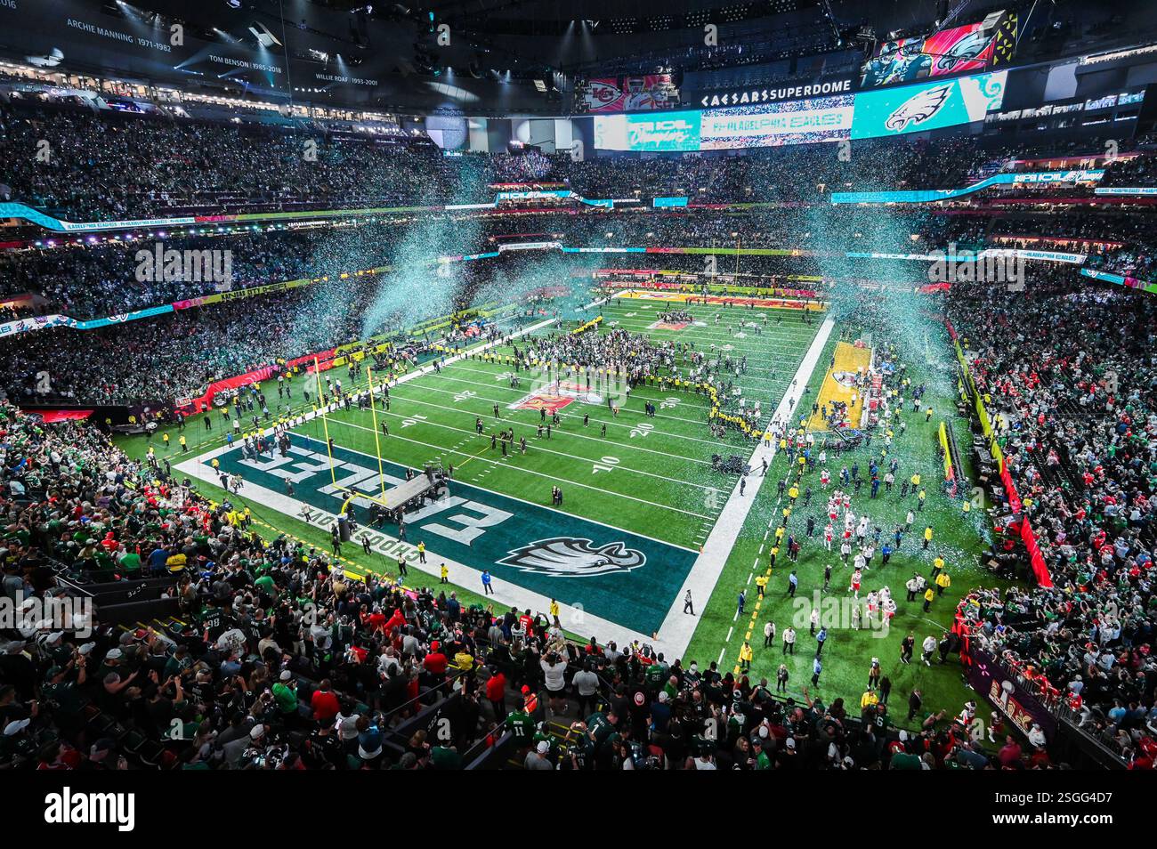 Confetti is spread on the field during post game celebrations at Super ...