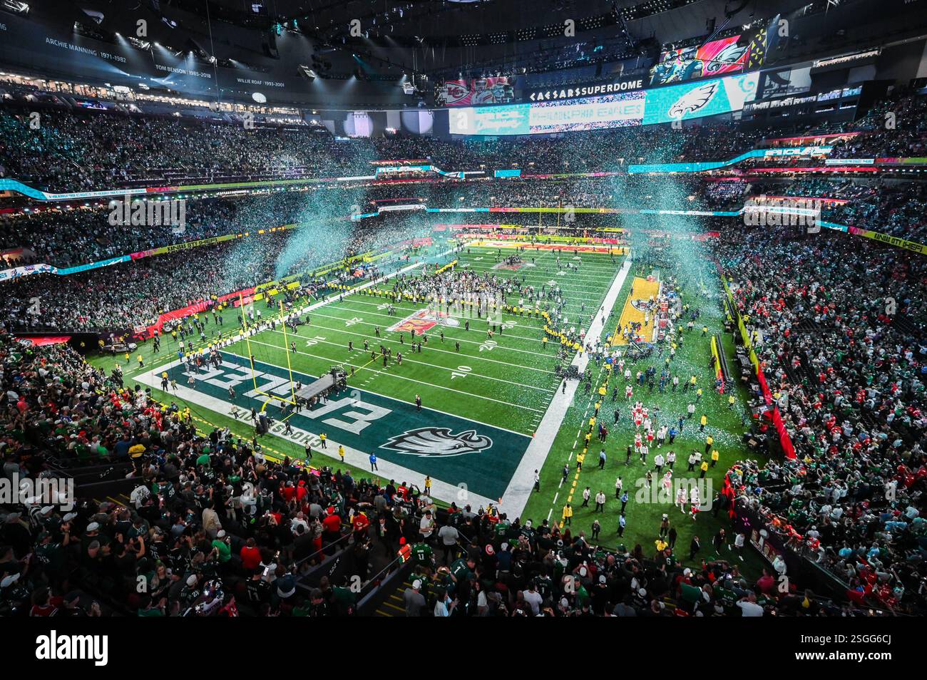 Confetti is spread on the field during post game celebrations at Super ...