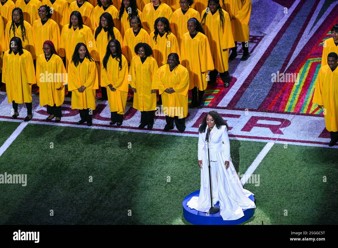 Ledisi singing "Lift Every Voice and Sing" on the field ahead of Super ...