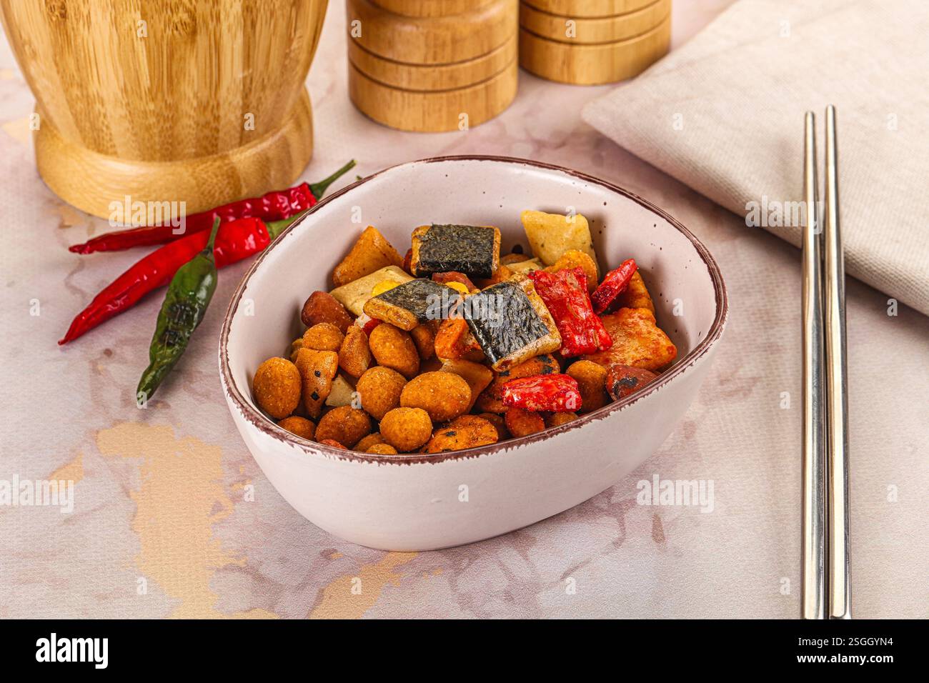 Japanese snack - Chili mame arare rice spicy cracker Stock Photo - Alamy