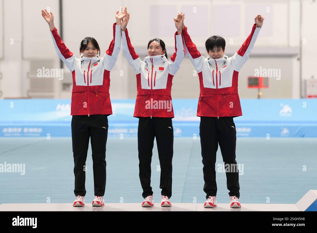 Harbin,China.9th February 2025. Sliver medalists (LR) Yu Shihui, Han ...