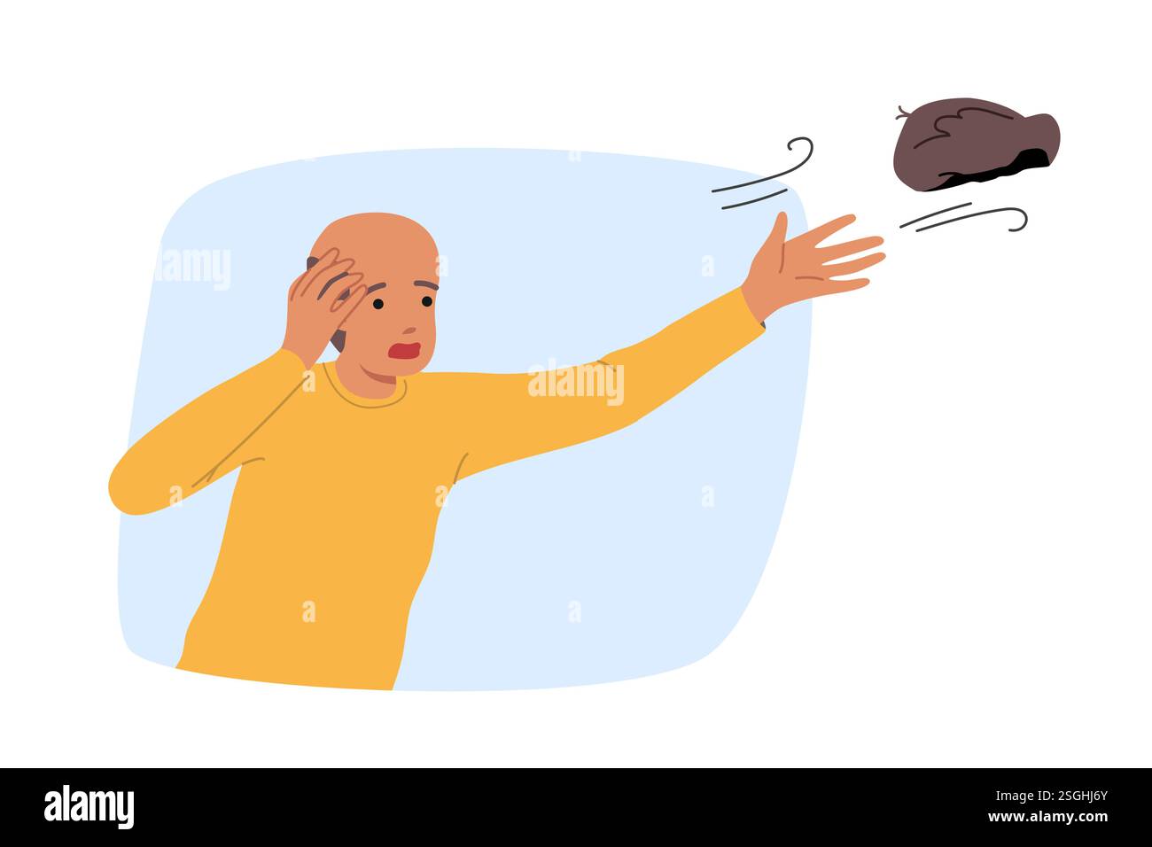 Wind blows away wig of confused man suffering from baldness due to age ...
