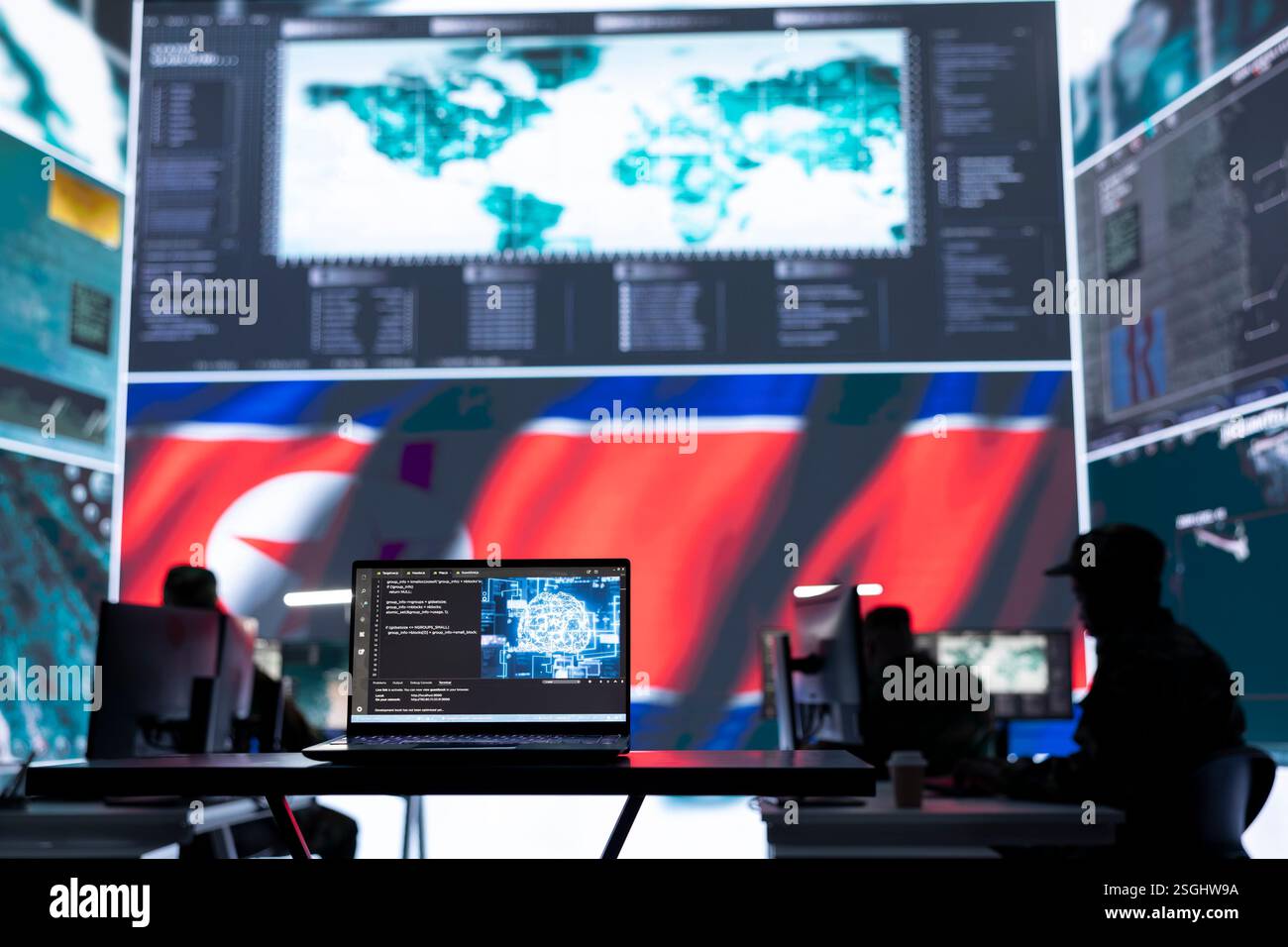 Army soldiers working in a control center base of operations with a ...
