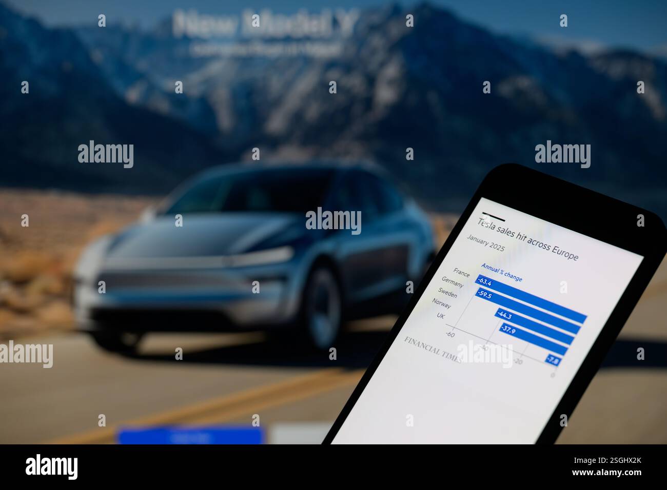 Brussels, Belgium. 09th Feb, 2025. Tesla sales graph is displayed on a ...
