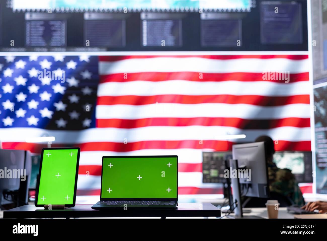US army working in a top secret control center with isolated mockup ...