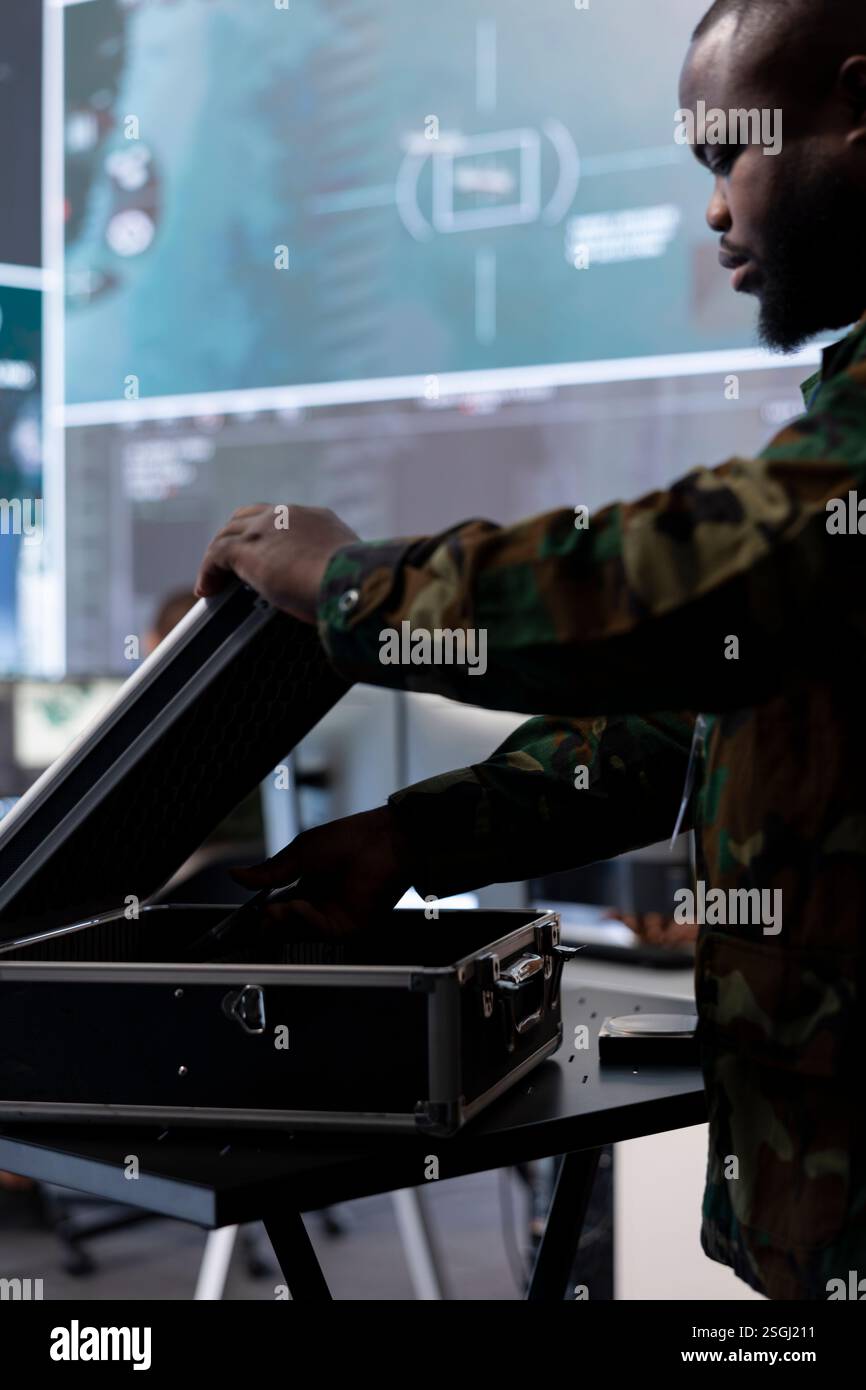 It Expert Soldier Collecting Real Time Satellite Radar Data In Command Post Processing