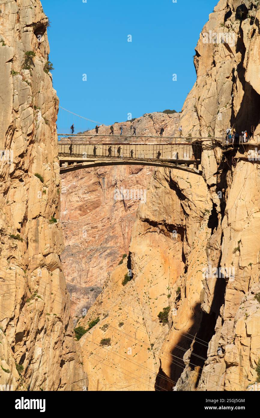 A group of hikers walking on a suspension bridge crossing a narrow ...