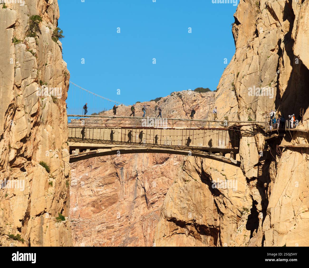 A group of hikers walking on a suspension bridge crossing a narrow ...
