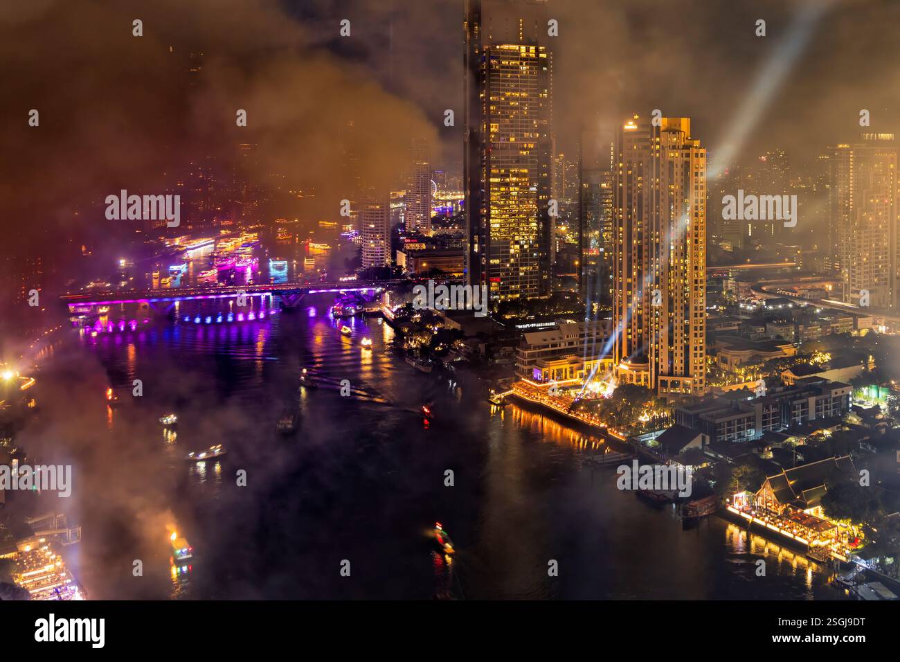 Haze, pollution, smoke in aerial landscape view of buildings along Chao ...