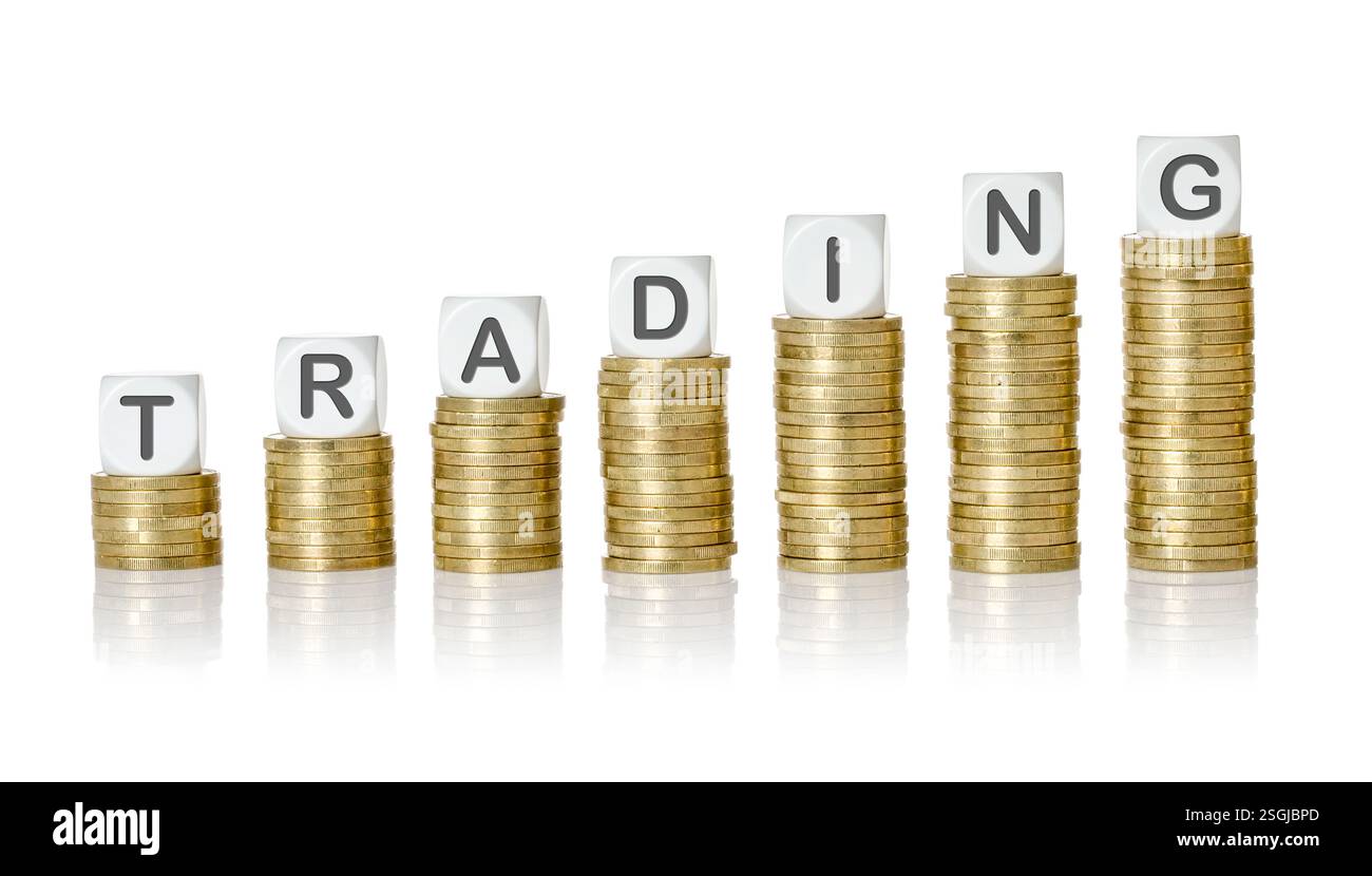 Coin stacks with letter dice - Trading Stock Photo - Alamy