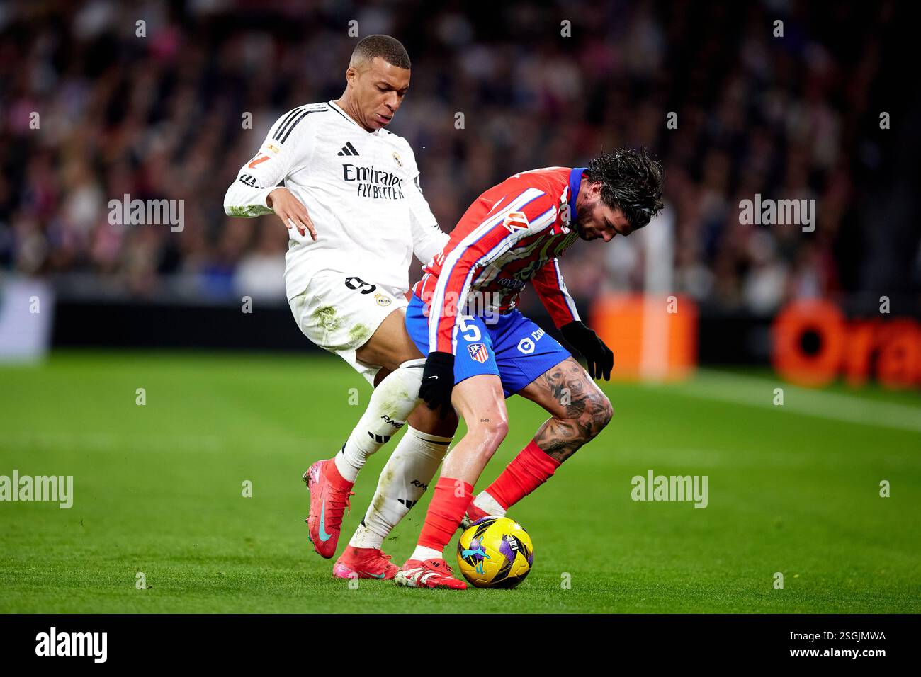 MADRID, SPAIN - FEBRUARY 08: Kylian Mbappe of Real Madrid and Rodrigo ...