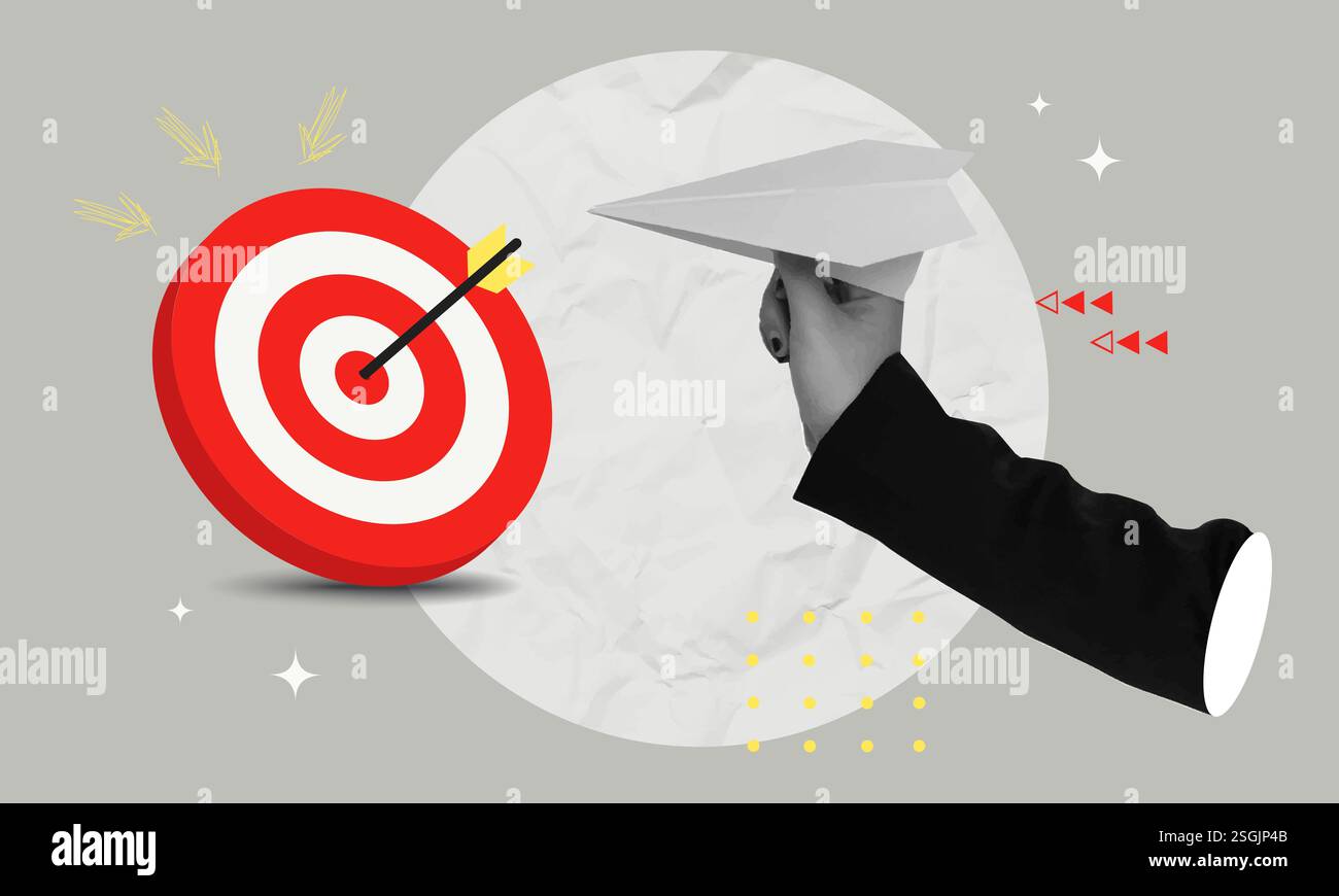 Hand launching a paper plane towards a target in a creative collage ...