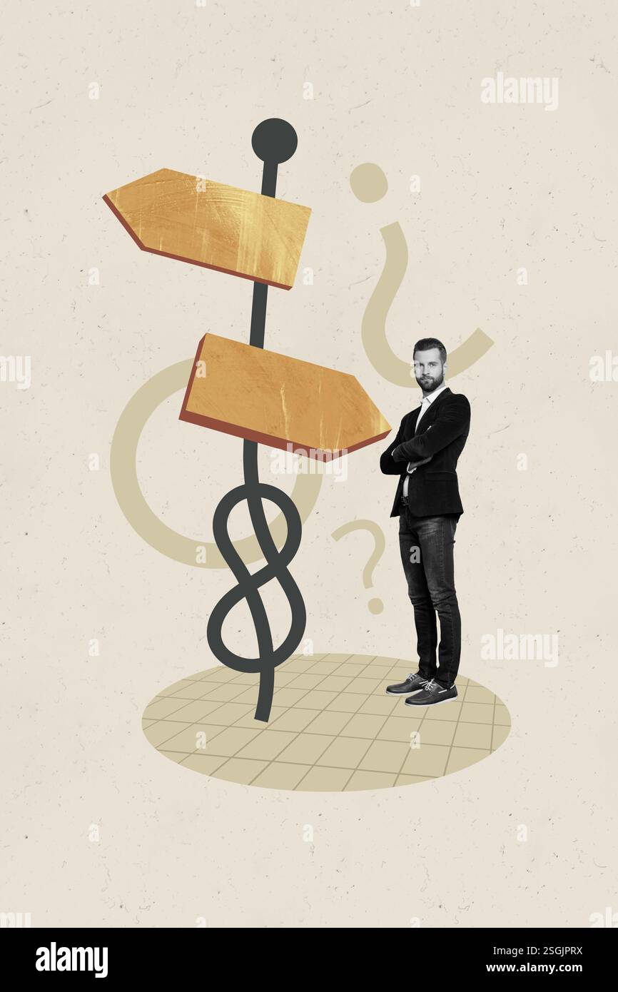 Poster sketch image artwork 3D photo collage of young man stand choose ...