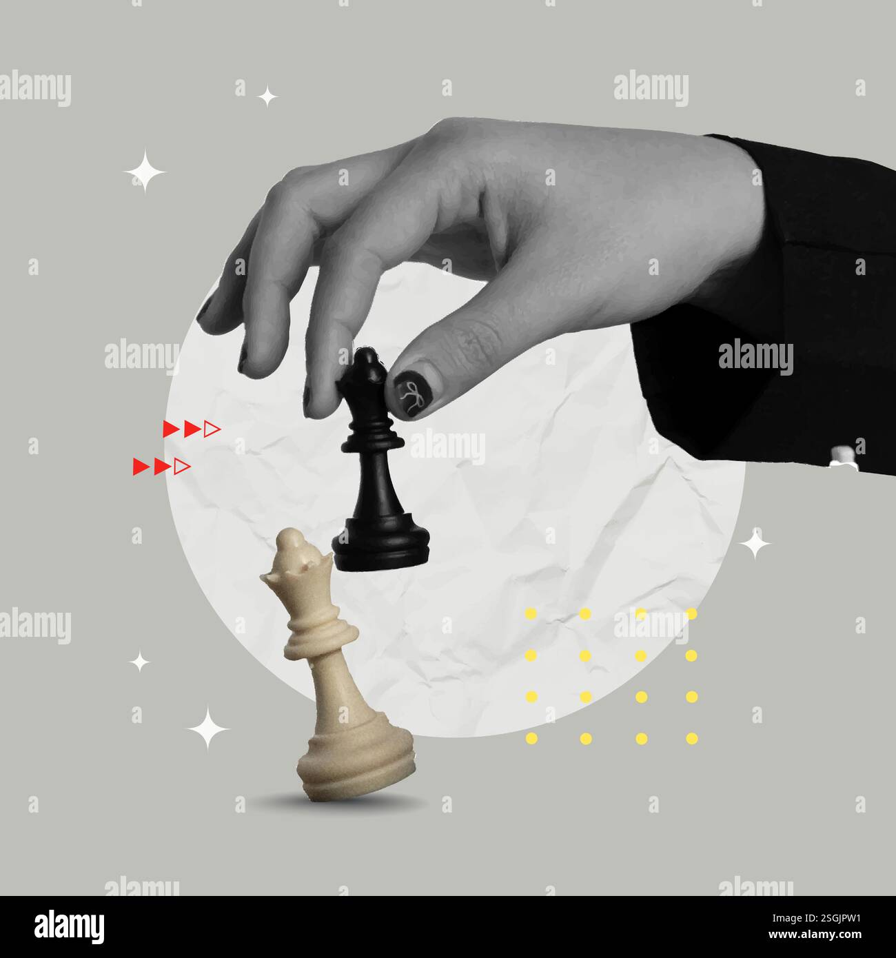 Hand moving a chess piece in a strategic collage style for planning and ...