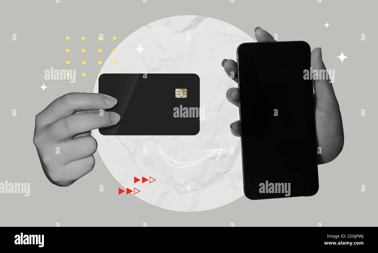 Hands holding a credit card and smartphone in a modern collage style ...
