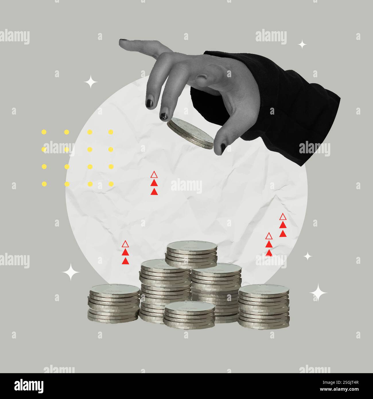 Collage of hand adding coins to a stack symbolizing wealth accumulation ...