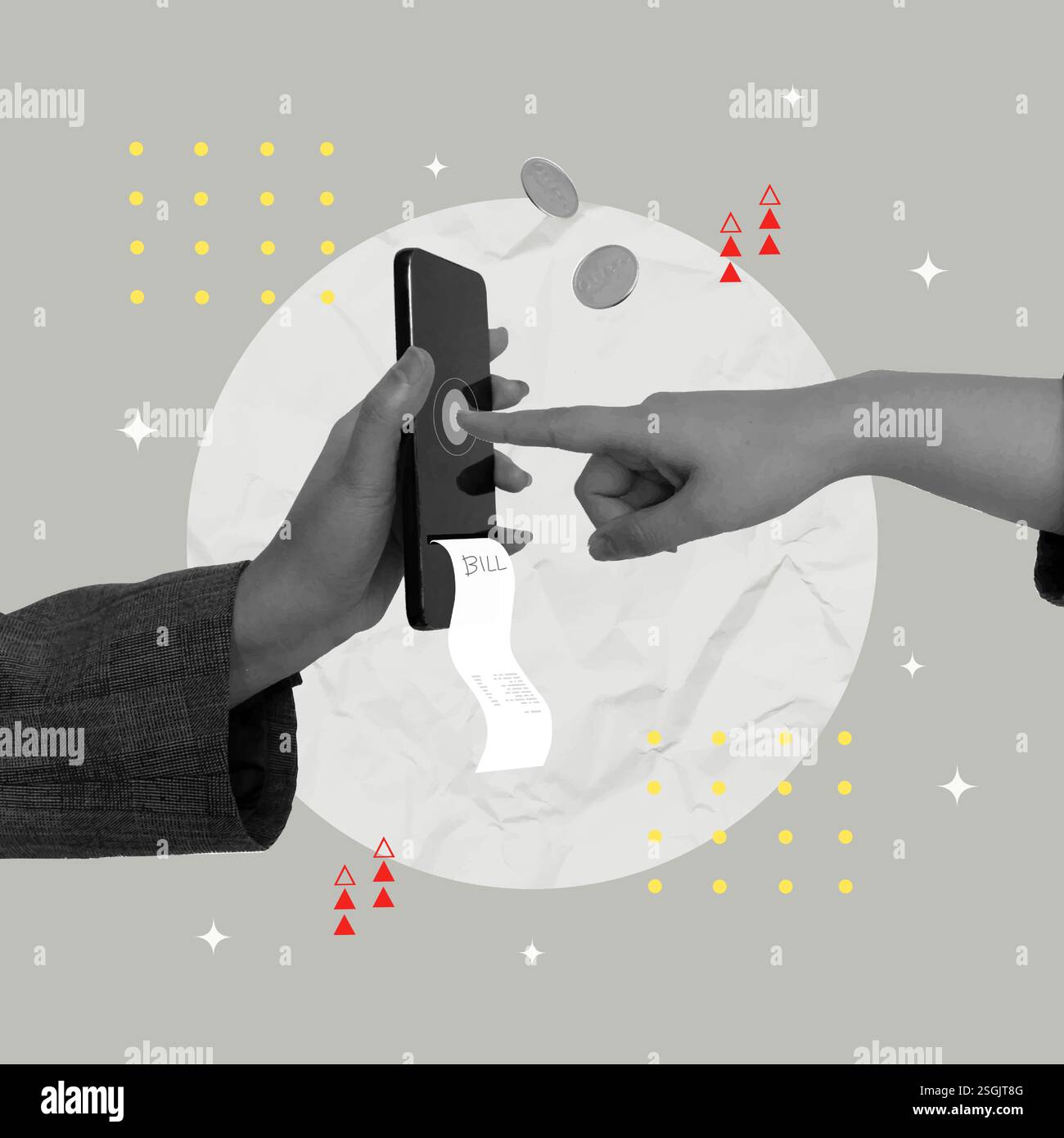 Collage of hands interacting with a mobile payment app and bill receipt ...