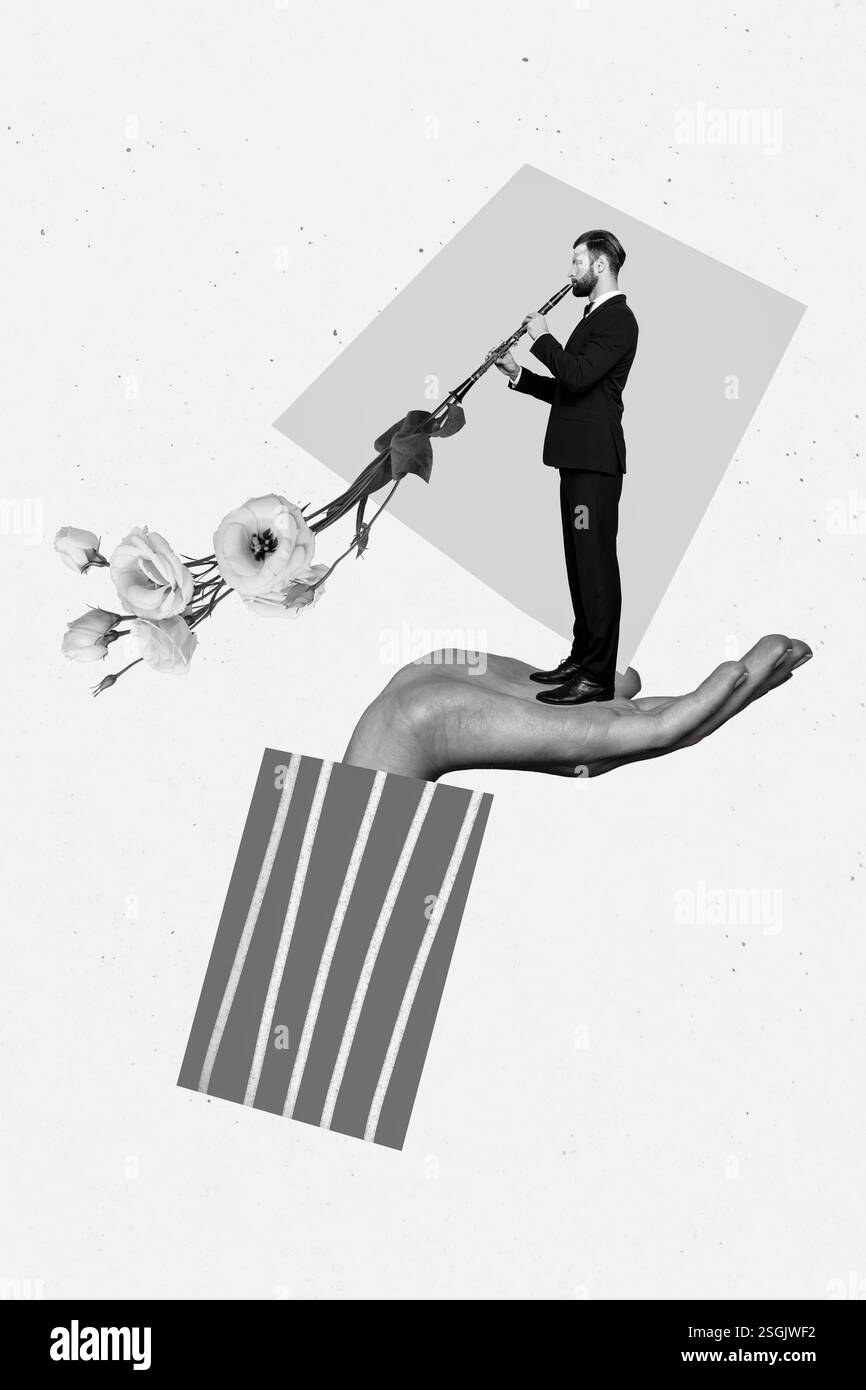 Vertical creative collage illustration of hand hold handsome man ...