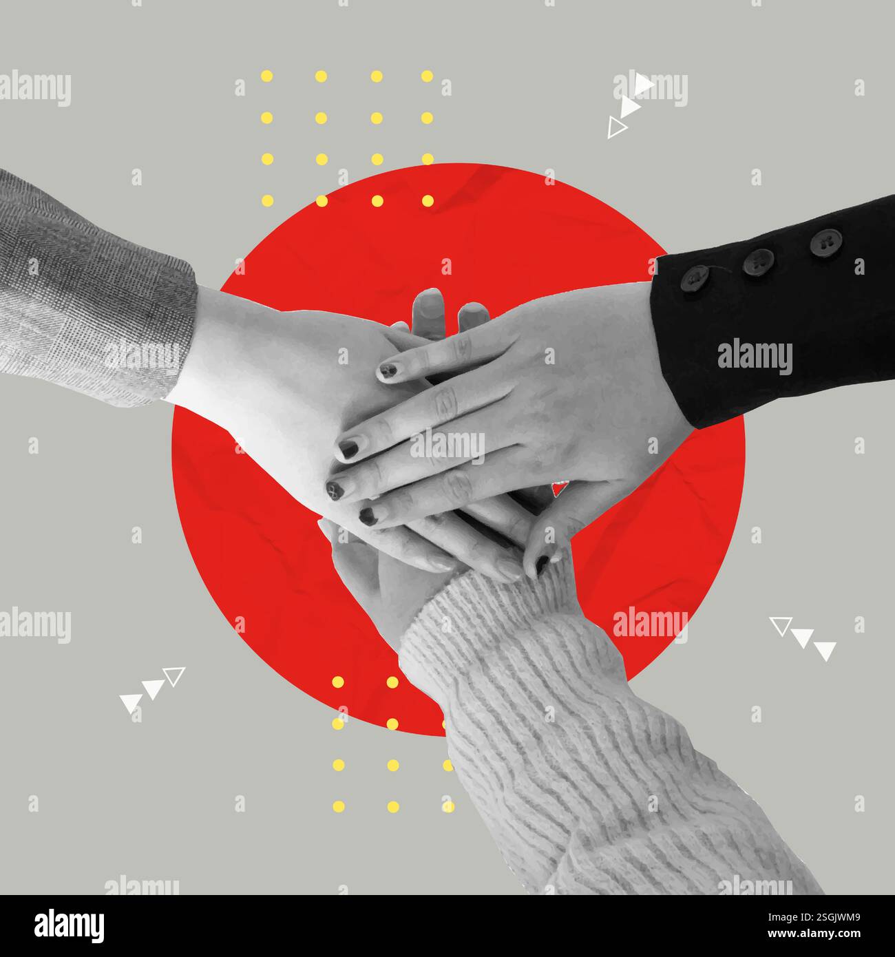 Diverse hands stacking on top of each other in a creative collage style ...