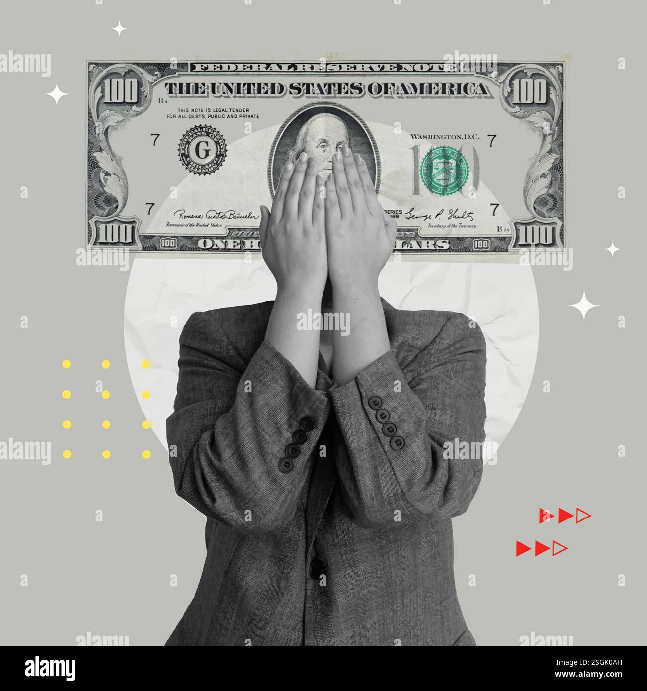 Person's face hidden behind a large dollar bill in a creative collage ...