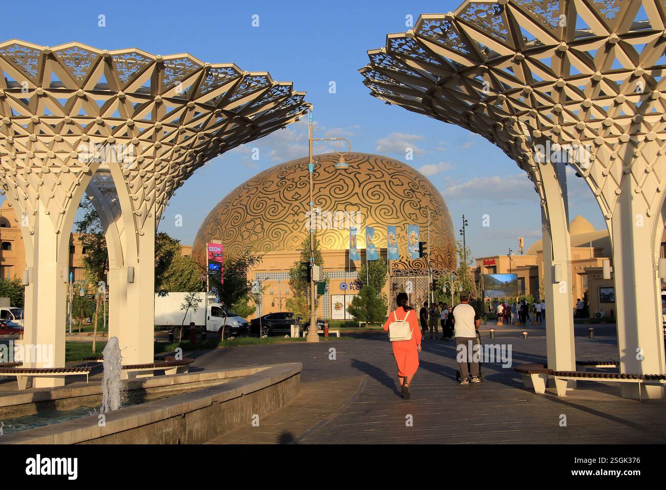 Metal umbrellas in the modern city of Turkestan. A view of the newly ...
