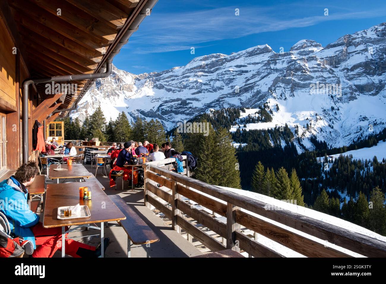View to Les Diablerets mountain massif from Les Mazots restaurant Stock ...