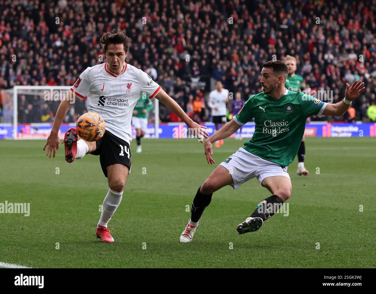 Plymouth, UK. 9th Feb, 2025. Julio Pleguezuelo of Plymouth Argyle and Federico Chiesa of ...